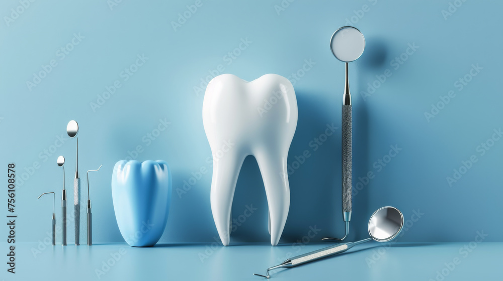 A set of dental tools and a tooth are displayed on a blue background ...