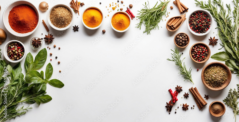 various spices, condiments, various vegetables on a white table board ...