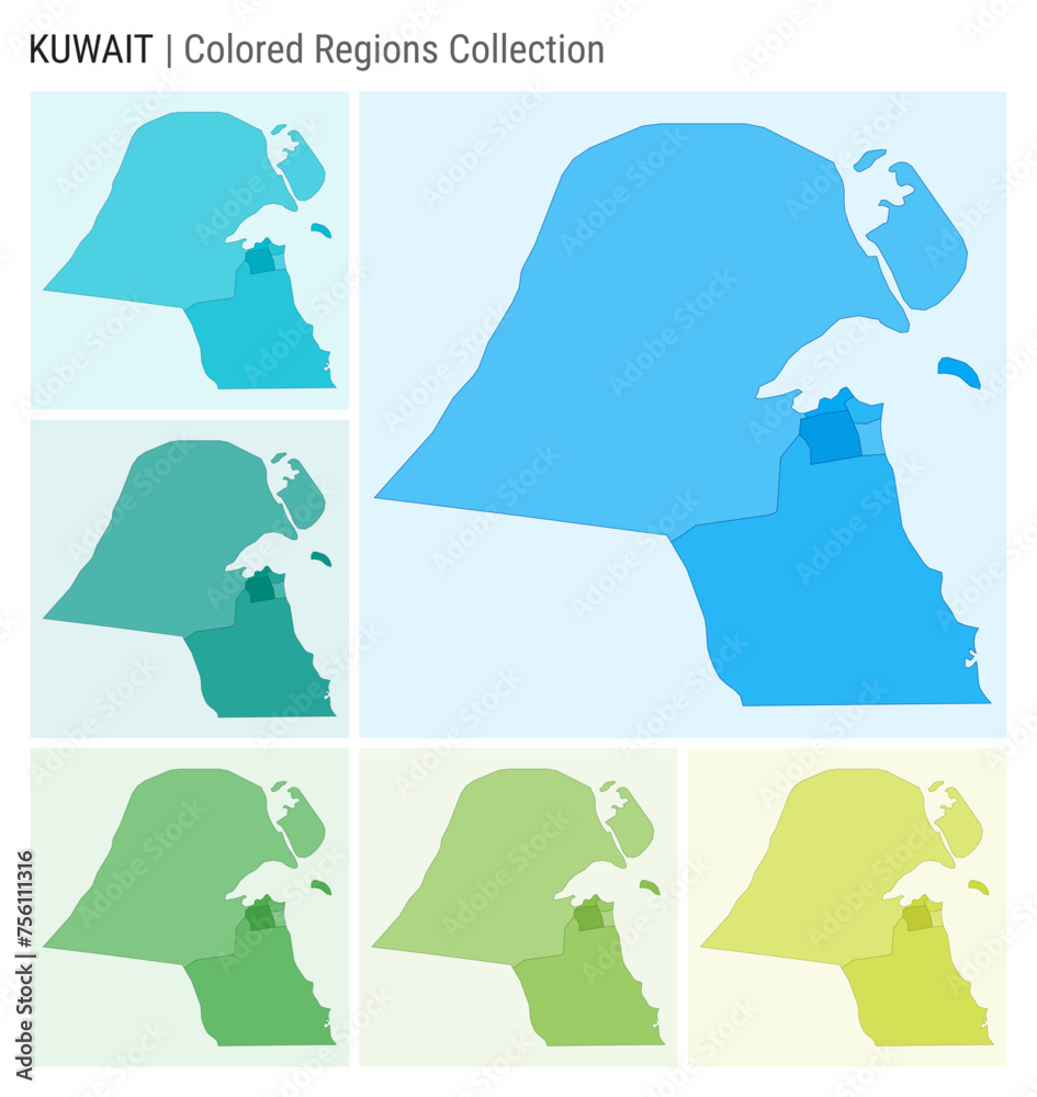 Kuwait map collection. Country shape with colored regions. Light Blue ...