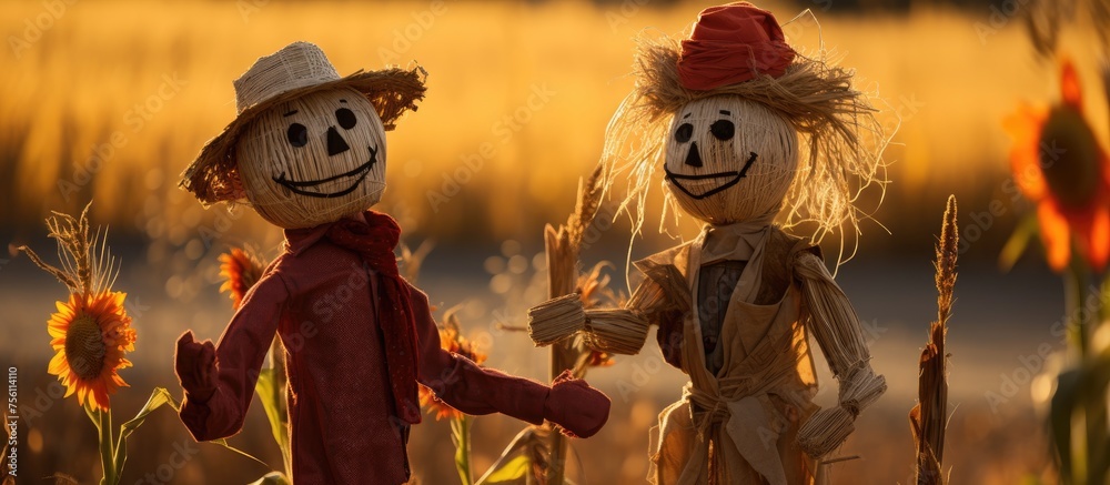 Two scarecrows wearing sun hats are happily holding hands in a ...