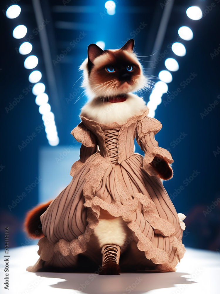 anthropomorphic cat as model walking on runway in fashion show, kitty ...