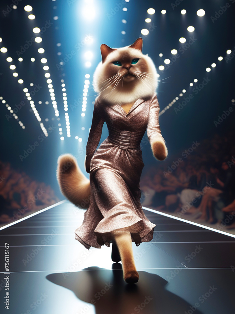 anthropomorphic cat as model walking on runway in fashion show, kitty ...