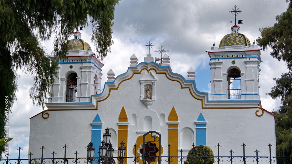 Branches of the Tule Tree hanging down in front of a small, colorful ...