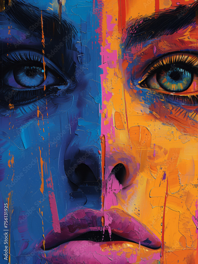 a woman's face in an abstract multi-color split, front view in a ...