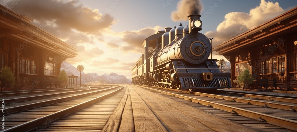 3D hole leading to a vintage train station platform steam engine ready ...