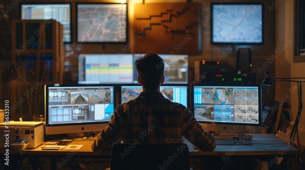 Engineer working late his desk lit by the soft glow of multiple ...