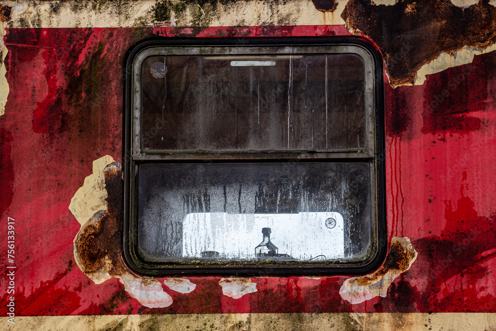 vintage railway coach window at a coach now used as a pub Stock-Foto ...