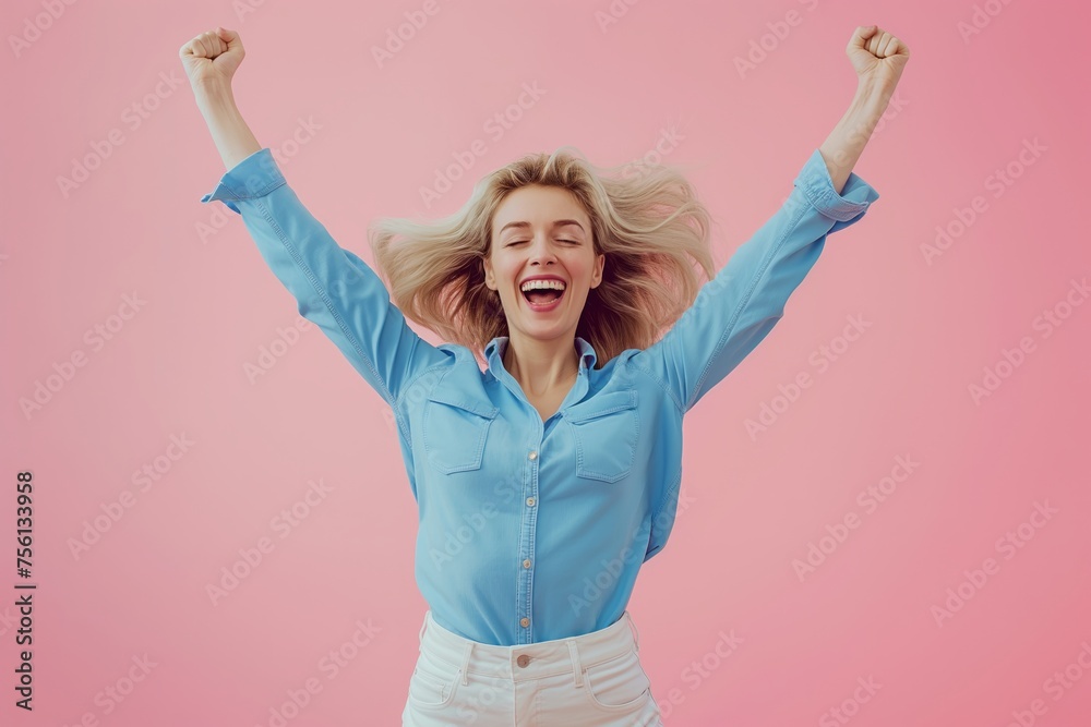 Exuberant blonde woman celebrating victory with arms raised against a ...