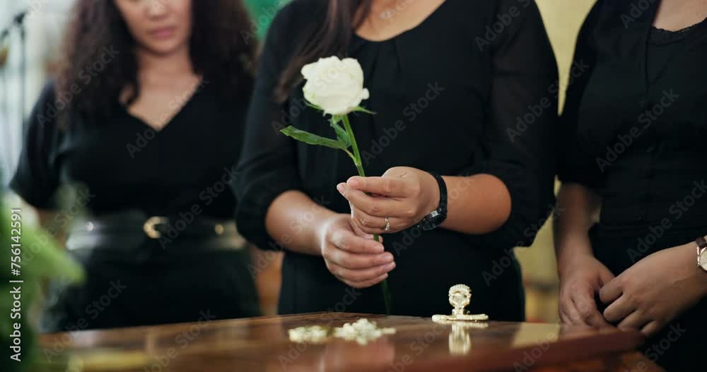 Hands, church or family by coffin with flowers at memorial service for ...