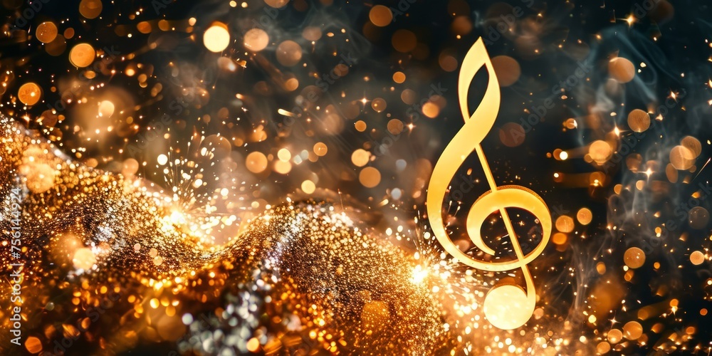 golden music notes flying through the air. Brightly colored music notes ...