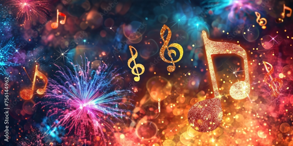 golden music notes flying through the air. Brightly colored music notes ...