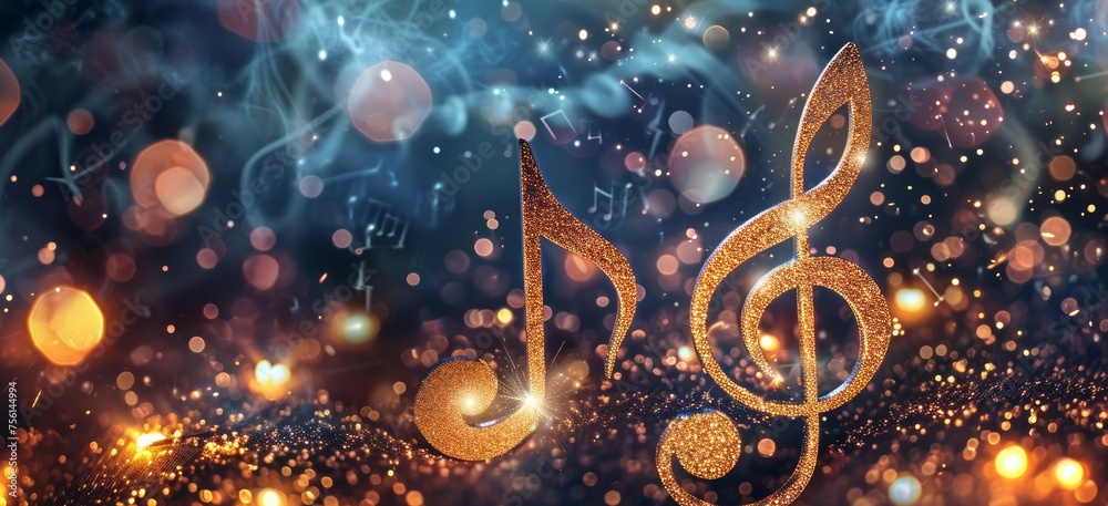 golden music notes flying through the air. Brightly colored music notes ...
