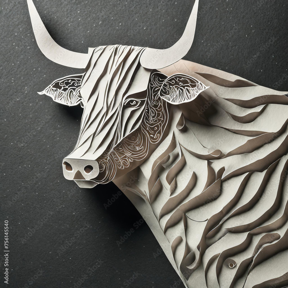 Cut paper sculpture of a bull - profile Origami style animal sculpture ...