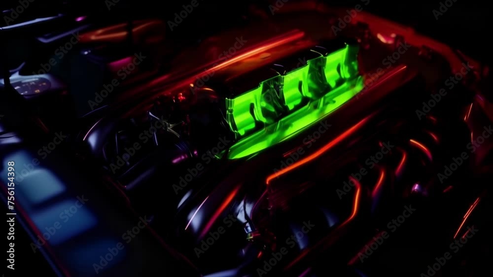 The neon lights reflecting off a sleek black intake manifold revealing ...