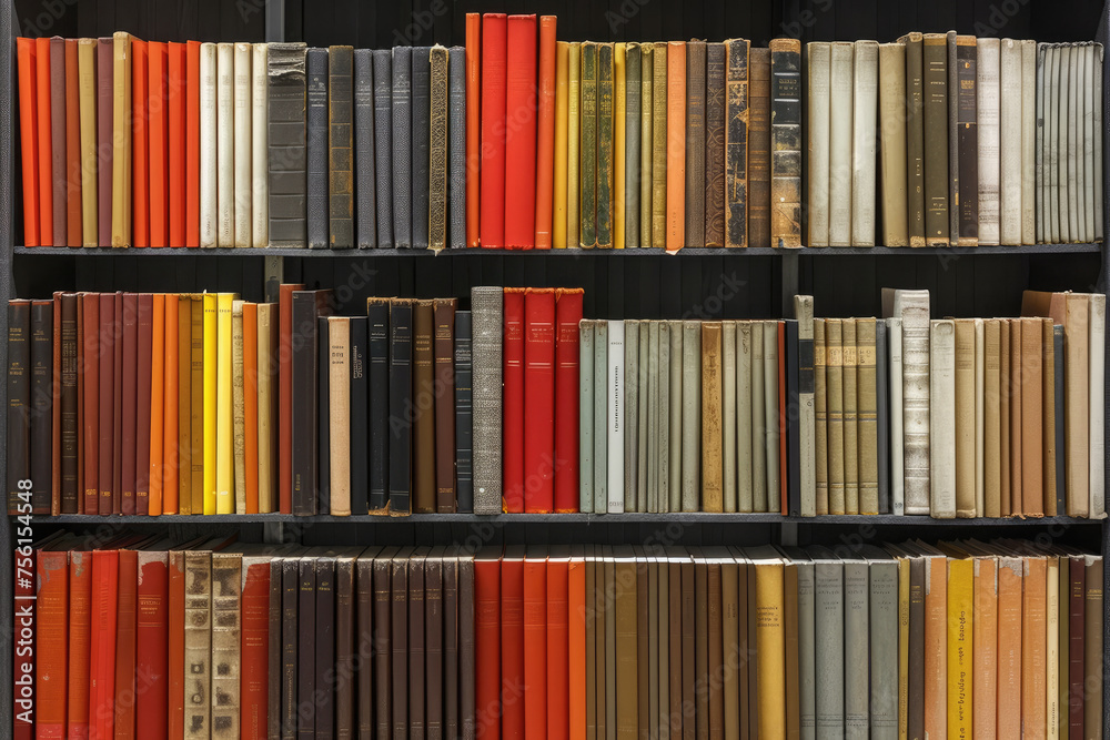 rows of neatly arranged books on shelves, with each book spine forming ...