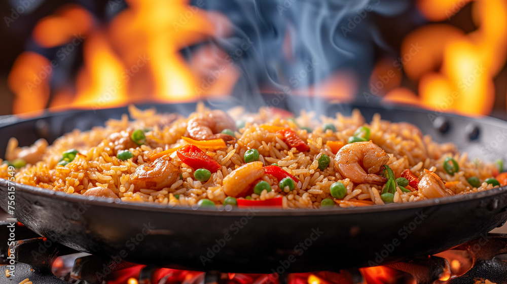 Sizzling shrimp fried rice in a pan with flames, capturing the dynamic ...