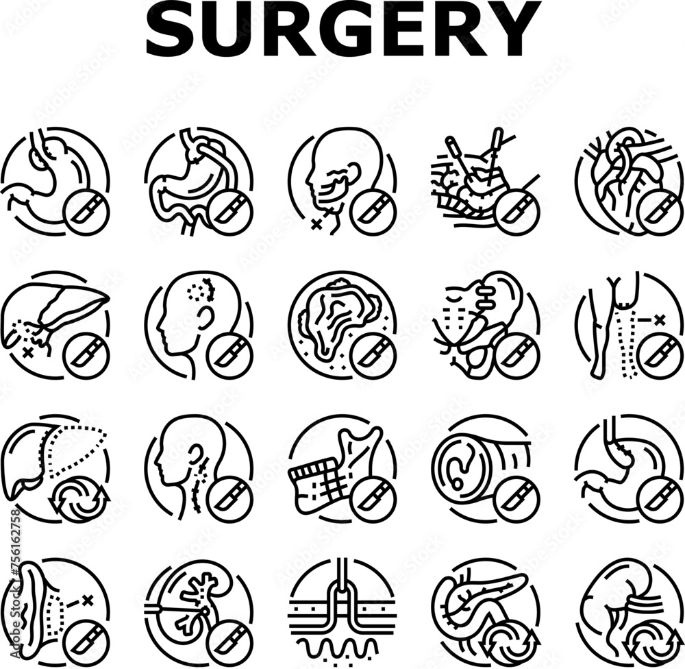 surgery operate room invasive icons set vector. doctor surgical ...