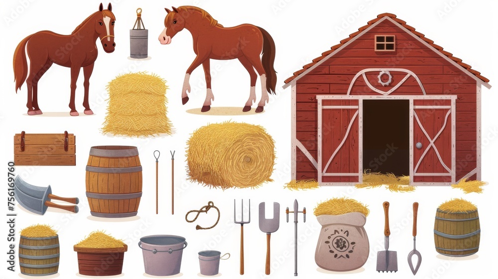 Horse stable design isolated on white background. Modern cartoon ...