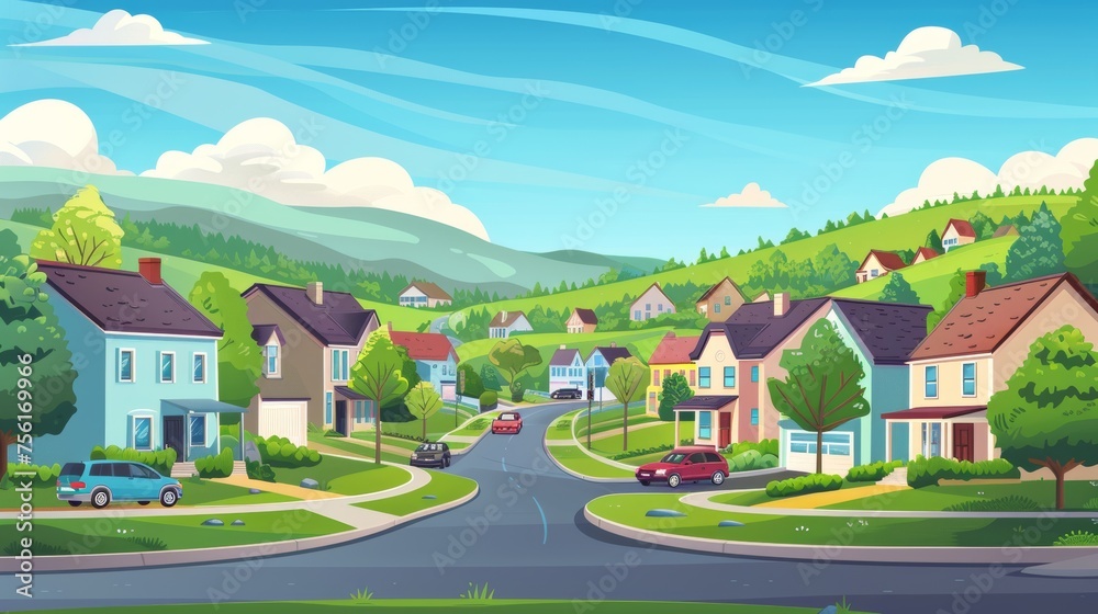 The countryside of a suburb shown with family homes in a row and cars ...