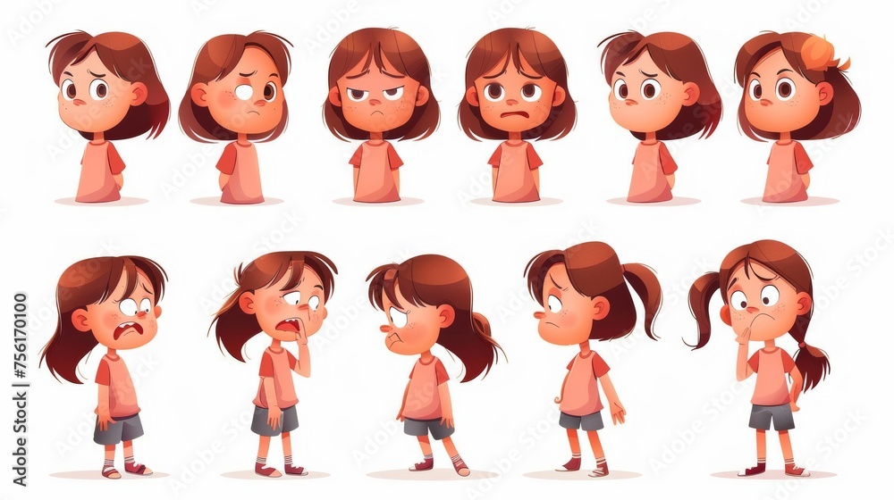 Modern illustration of a little girl with different lip positions while ...