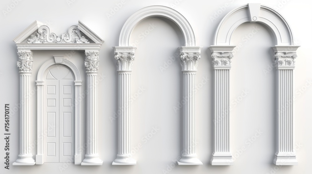 Archway made from white clay with decorative ornate decoration. Three ...