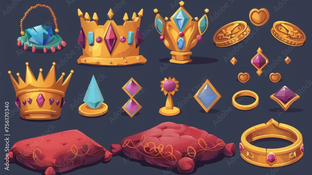 King and queen crowns with gemstones. Cartoon illustration set of ...