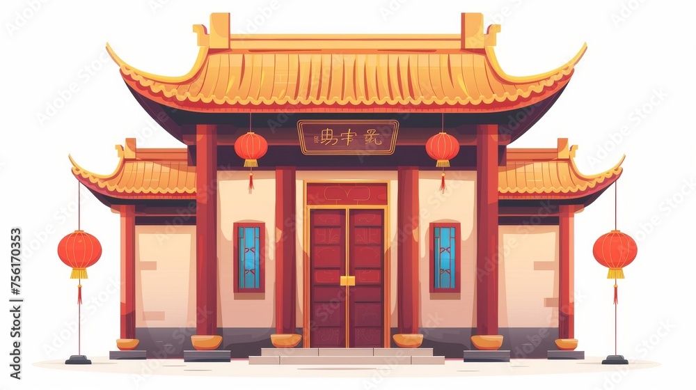 Building facade of a Chinese house isolated on white background. Old ...