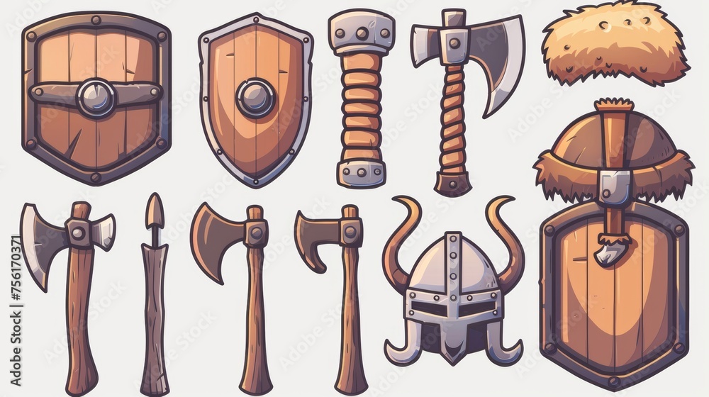 Viking tools and weapon game icons. Cartoon modern illustration set of gui warrior assets ...