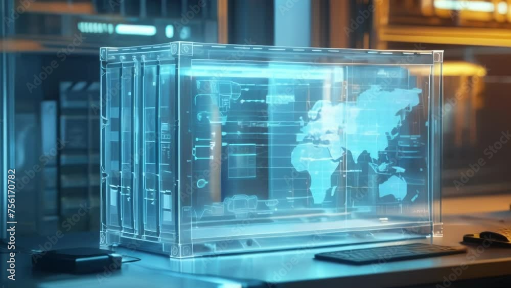 A transparent hologram of a shipping container appears on a desk ...