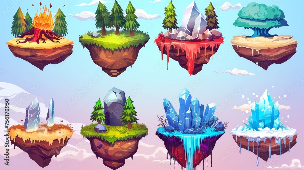Floating land islands for game level map UI design. Modern illustration ...