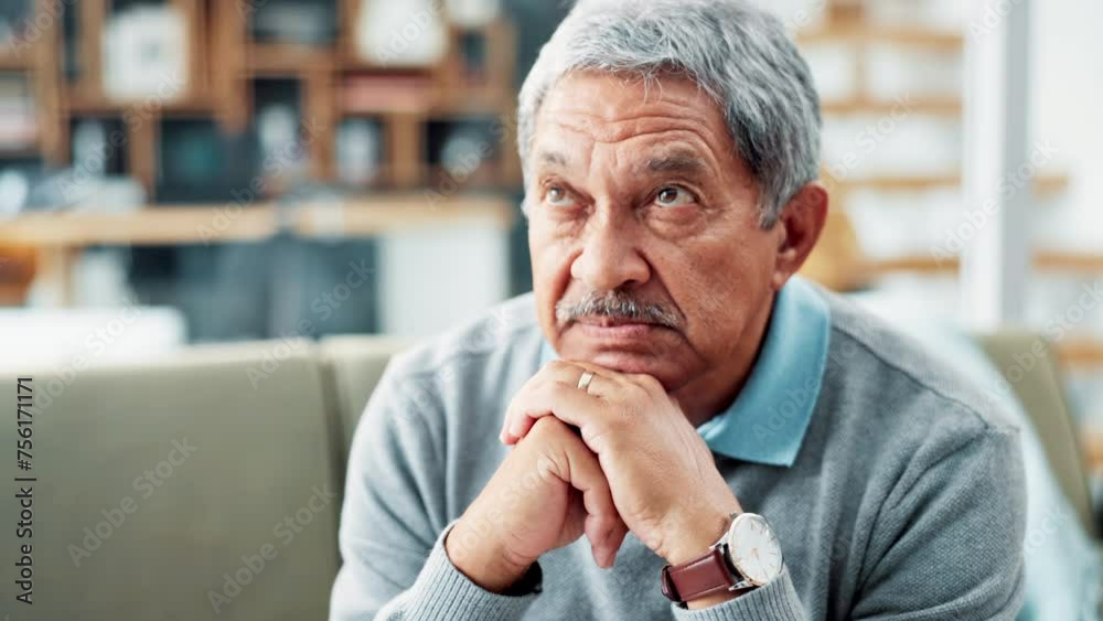 Senior man, thinking and sad in living room with memory, grief and retirement home with anxiety ...