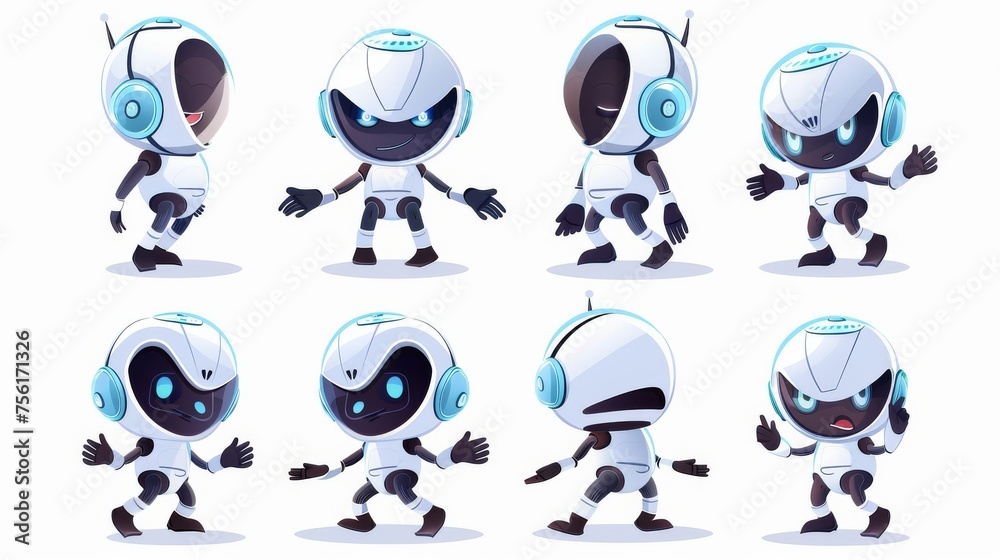 Modern illustration set of robot mascot character with different poses ...