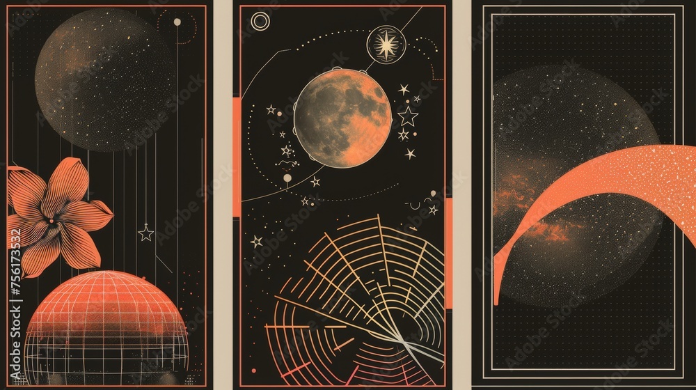 Y2K vibe vintage flyers set with orange wireframe torus and globe ...