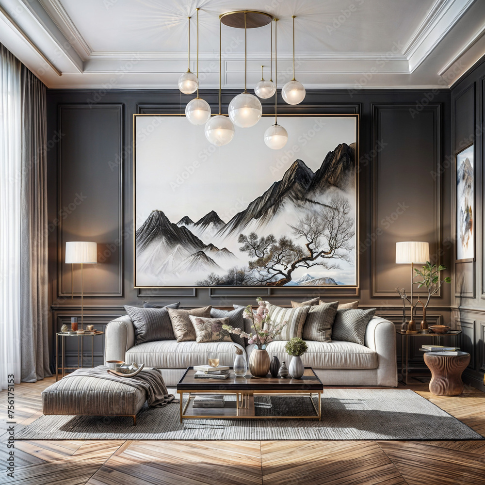 a living room with a large painting on the wall, an ultrafine detailed ...