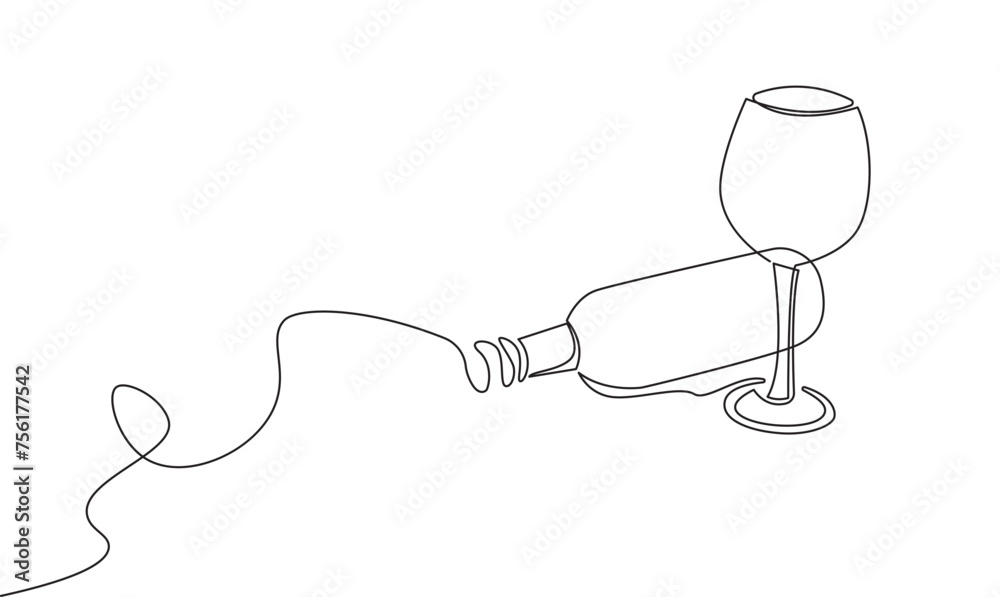 continuous single line drawing of wine bottle and wine glass, line art ...