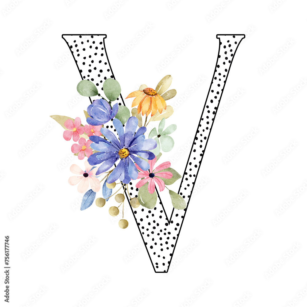 Letter V with watercolor flowers and leaf. Digital monogram initial ...