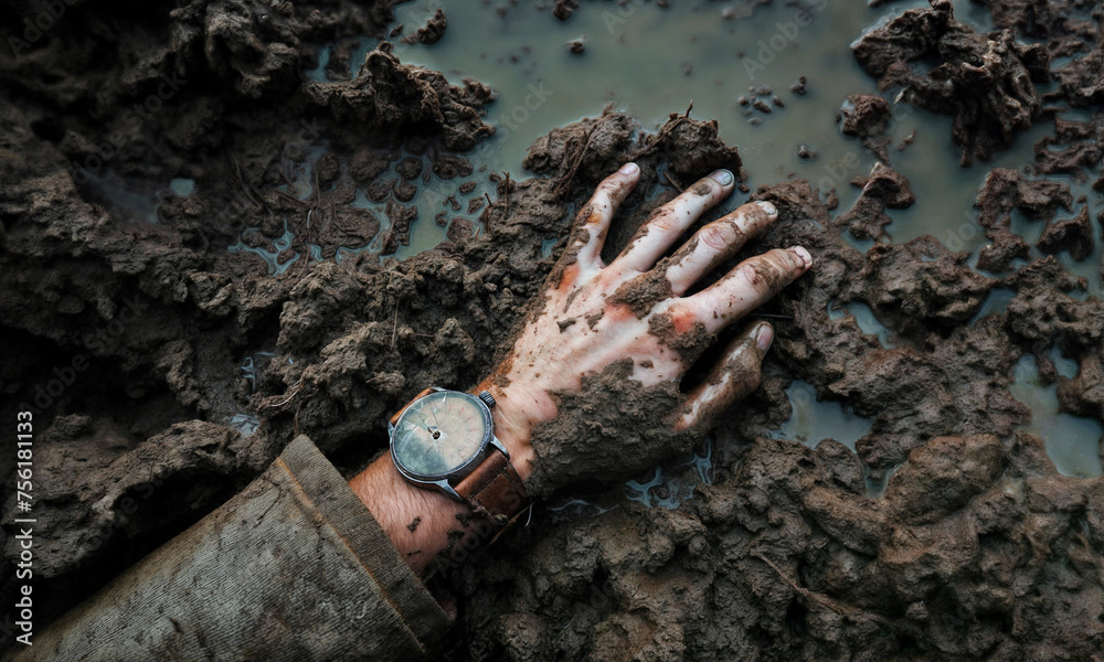 Stuck in the mud. A dead soldiers hand and broken watch lays in mud on ...