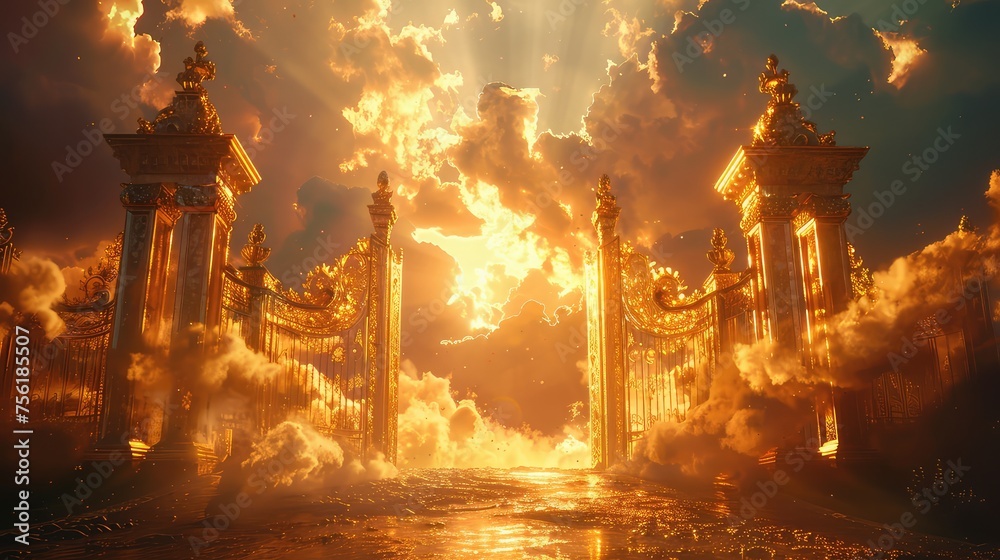 Golden Gates of Eternity, Depict the majestic gates of heaven bathed in ...