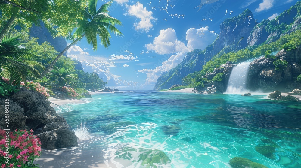 Paradise Found, Depict an idyllic paradise, where lush landscapes meet ...