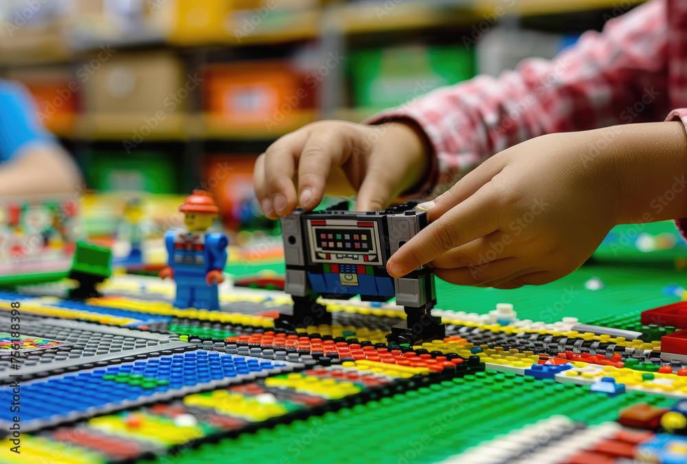 Children's hands build LEGO robots and small structures on the table in ...