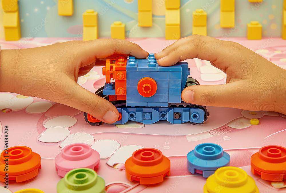 Foto de Children's hands build LEGO robots and small structures on the ...