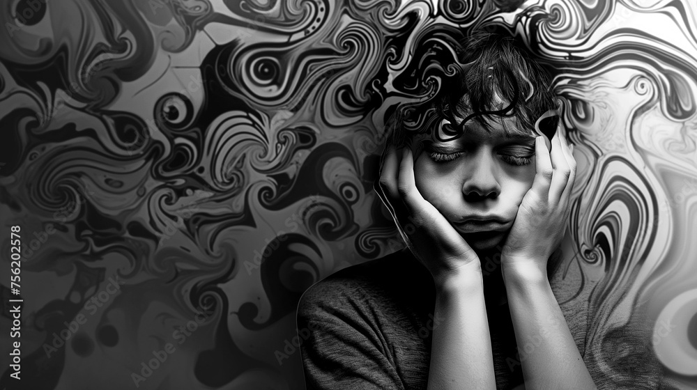 Frustrated man with a nervous problem. Man feel anxiety and confusion of thoughts. Man with ...