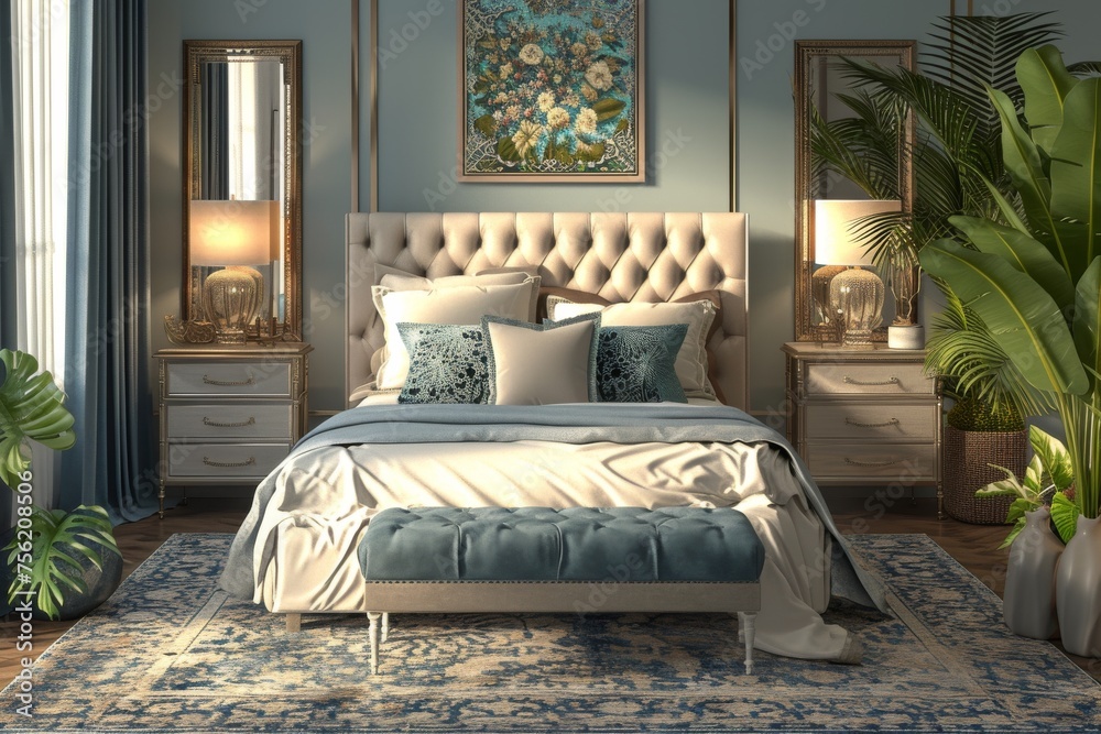 Art Deco style bedroom retreat featuring a tufted headboard Boinah Foto Poster Wandbilder bei EuroPosters