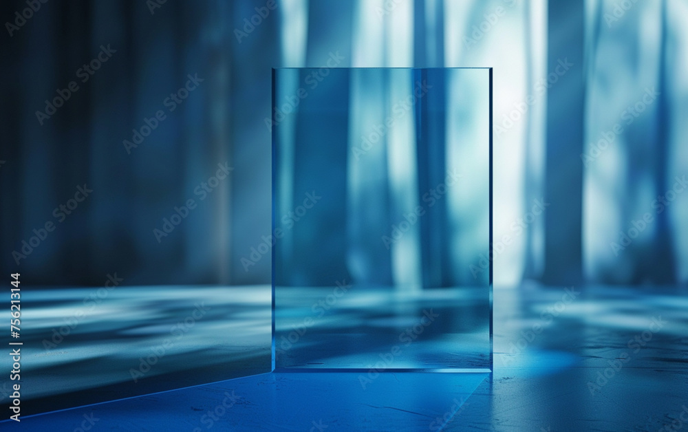 Displaying logo or text, isolated blue transparent glass panel ...