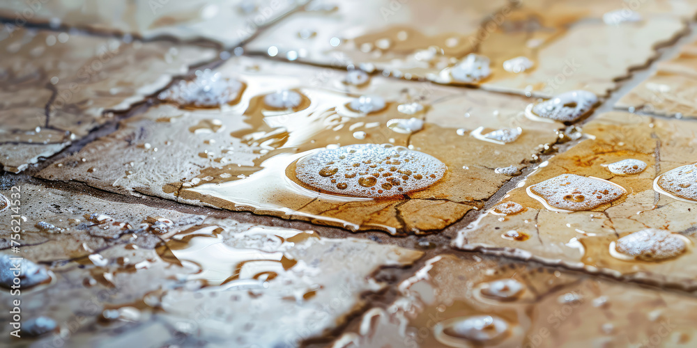 Wet Ceramic tiles with Water Droplets and detergent liquid cleaner with ...