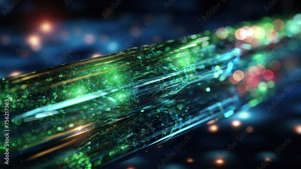 Neon blue and green fiber optic cables in video animation, depicting ...