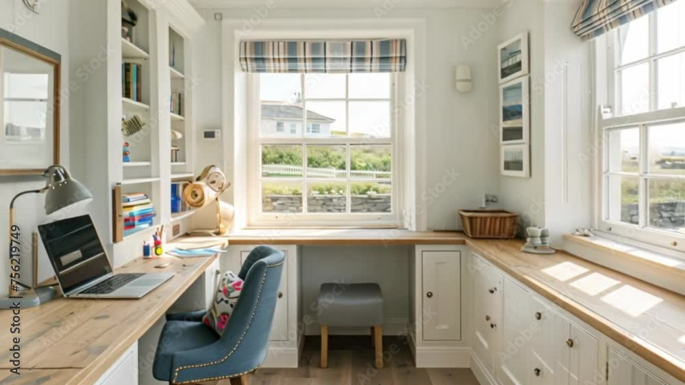 Coastal cottage study room decor, white home office interior design and ...