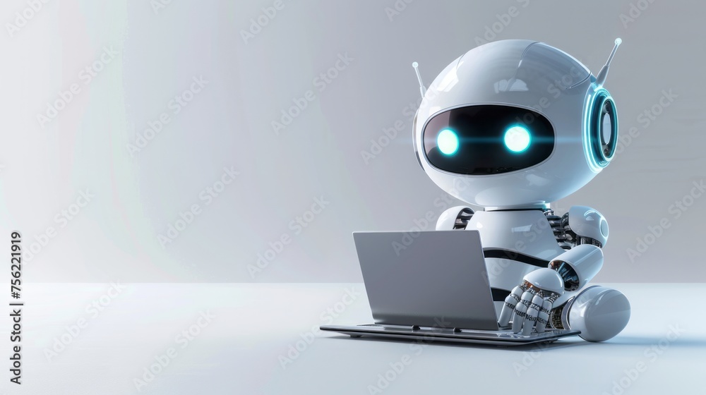 Cute friendly artificial intelligence robot using laptop computer with ...