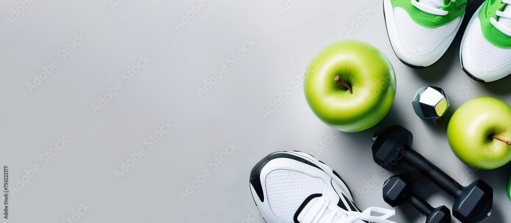 Workout routine. Fitness layout with sneakers, dumbbells, fresh apple ...