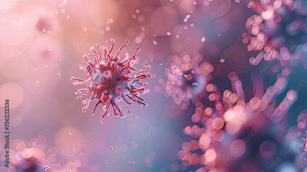 Artistic portrayal of virus particles in a fluid medium, highlighted ...